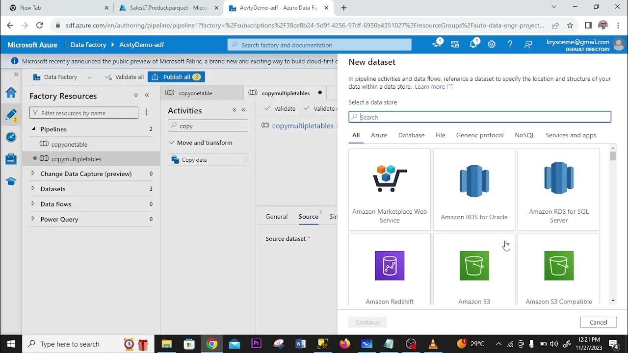 Copy multiple tables from SQLDB to DataLake with lookup, ForEach and ...