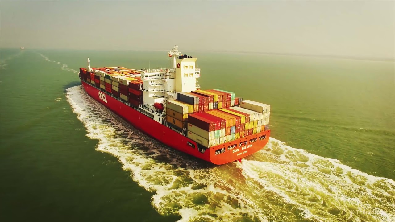 Tanker Palawan Star & Container ship OOCL Belgium Aerial View at Sea 4K ...
