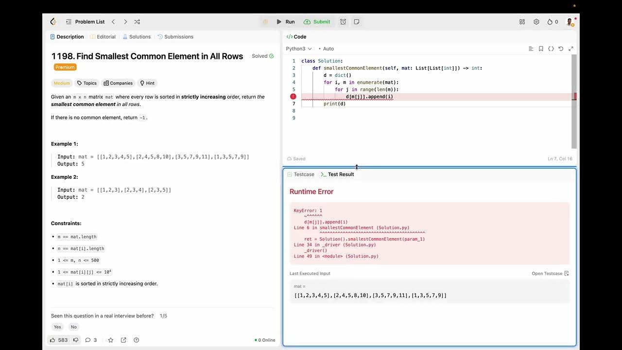 Find Smallest Common Element In All Rows - YouTube