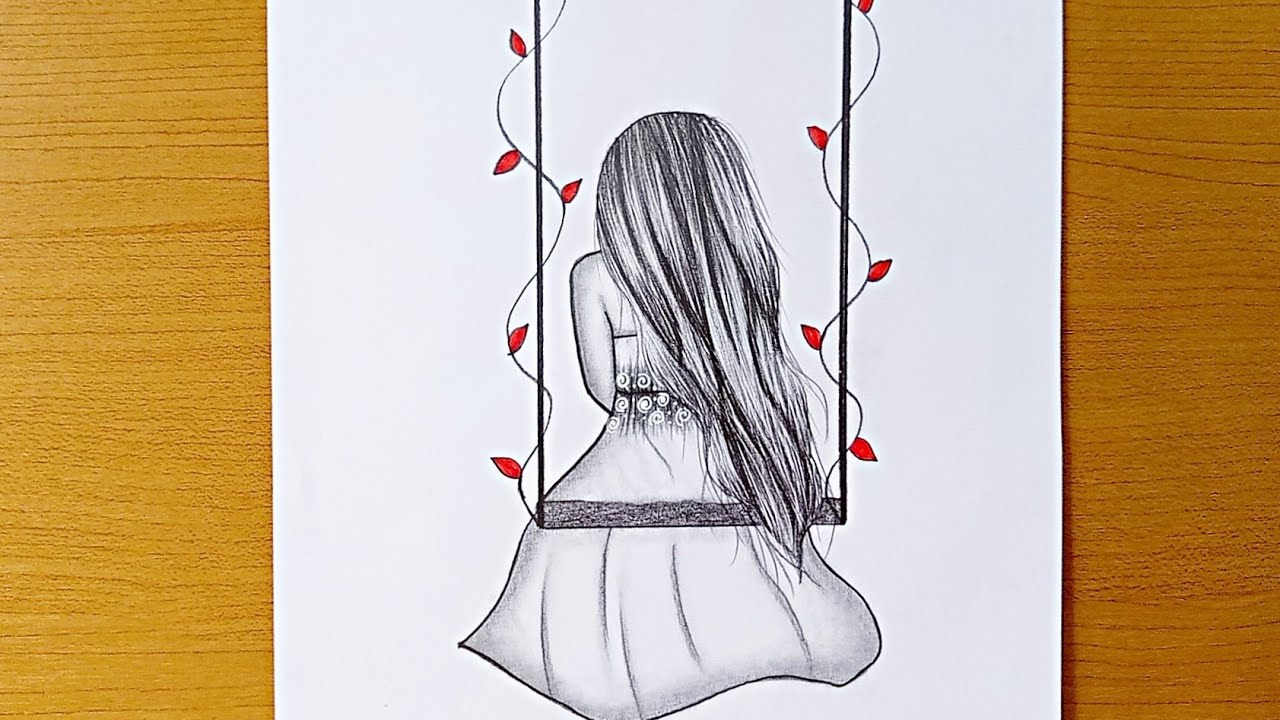 Girl sitting on a Swing easy pencil drawing || How to draw a girl ...