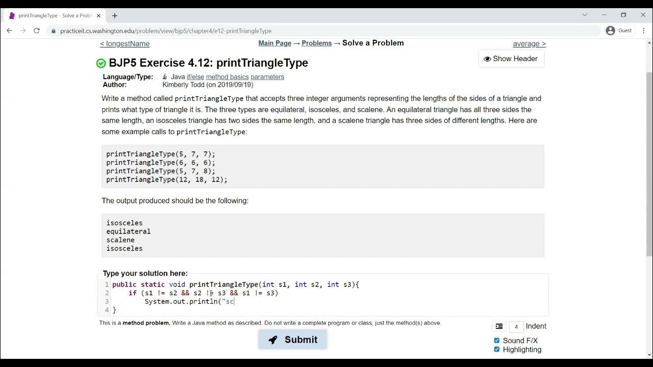Exercise 4.12 (printTriangleType) Java Tutorial || Practice-It - YouTube