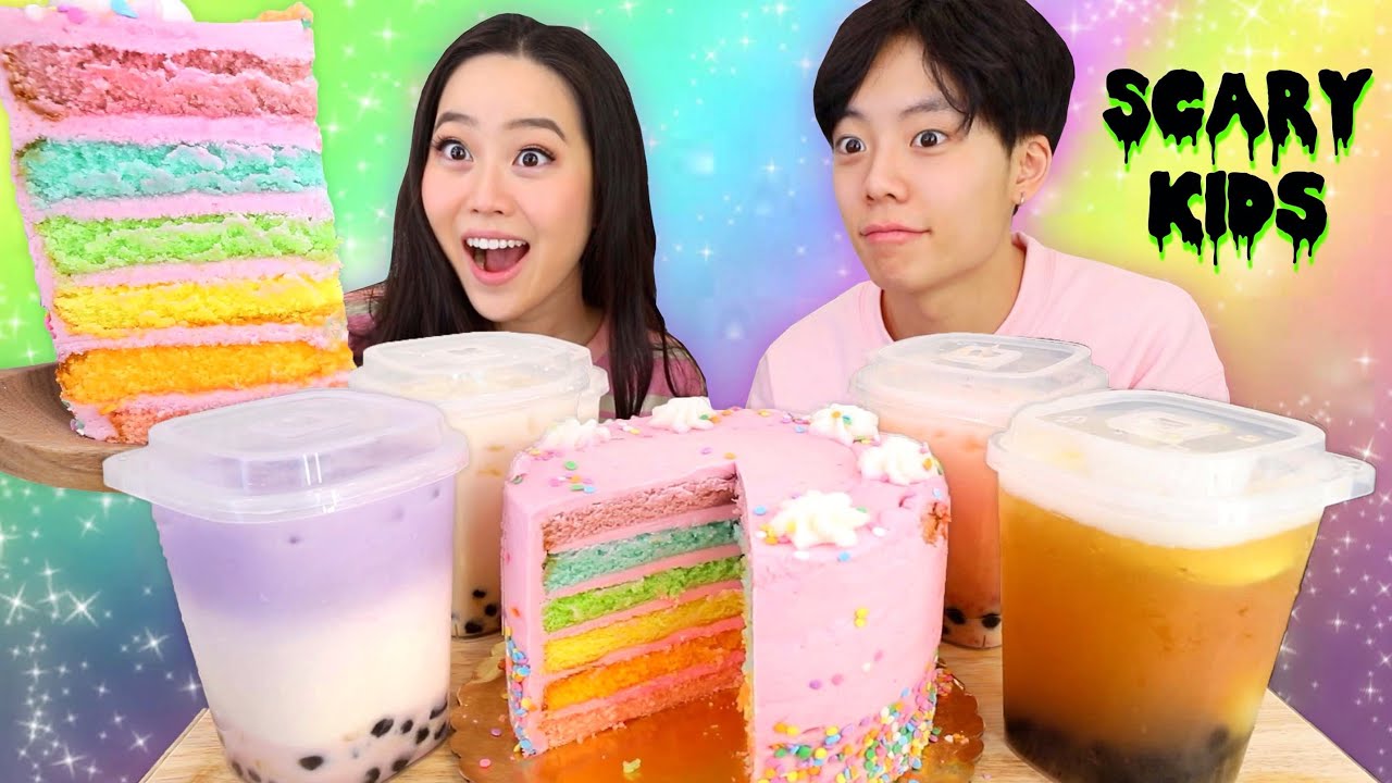 RAINBOW LAYERED CAKE + HUGE BOBA TEA MUKBANG! (Strawberry + Taro + Milk ...