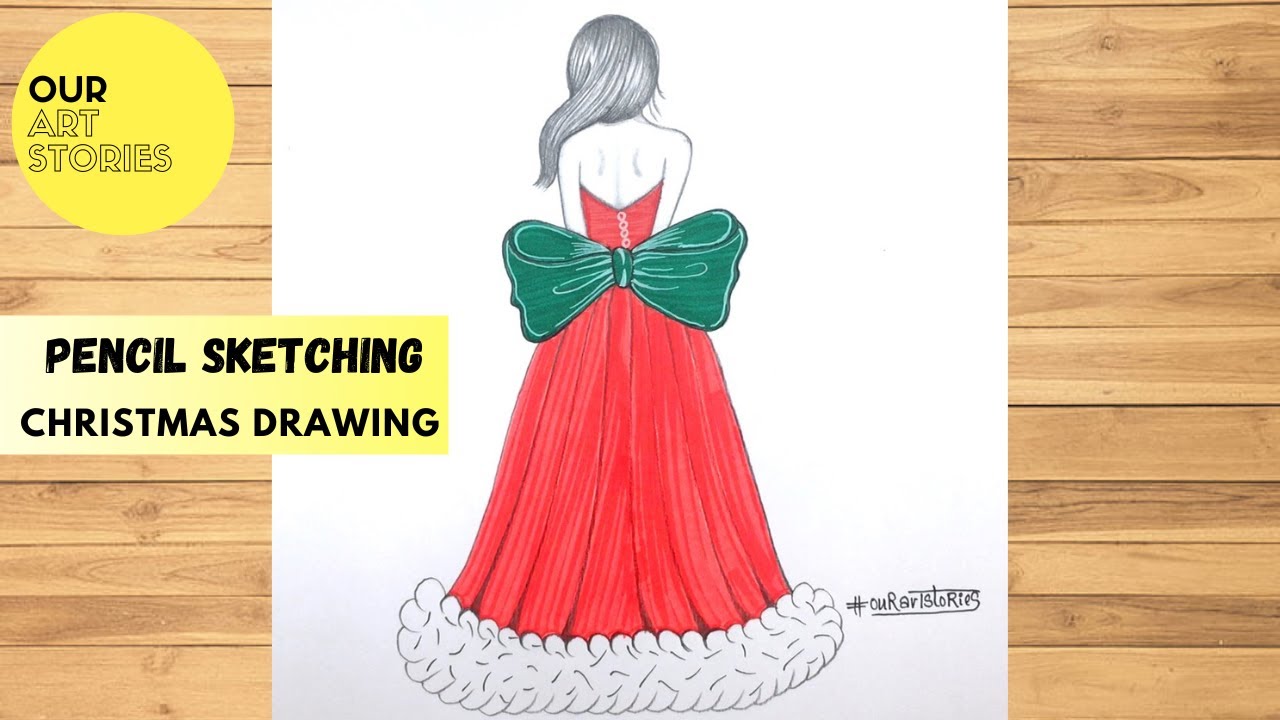 How to Draw a Girl wearing Christmas Dress- Easy Pencil Drawing ...