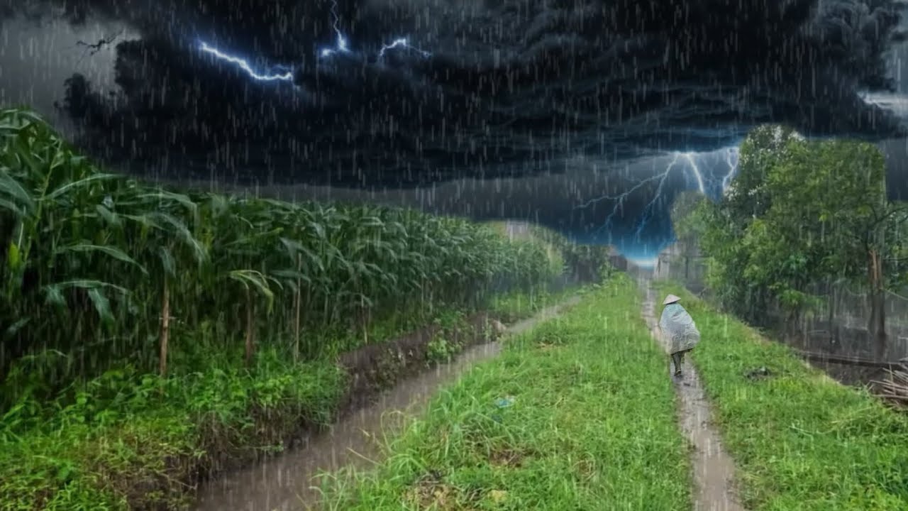 Walking under heavy rain in the countryside||calm your mind with the ...