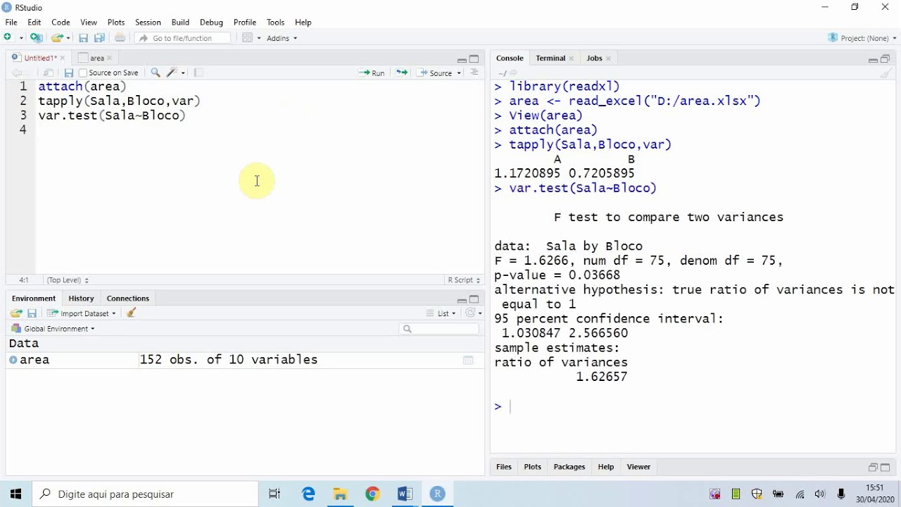 AULA 11 – TESTE F RAZÃO DE VARIÂNCIAS NO RStudio - YouTube
