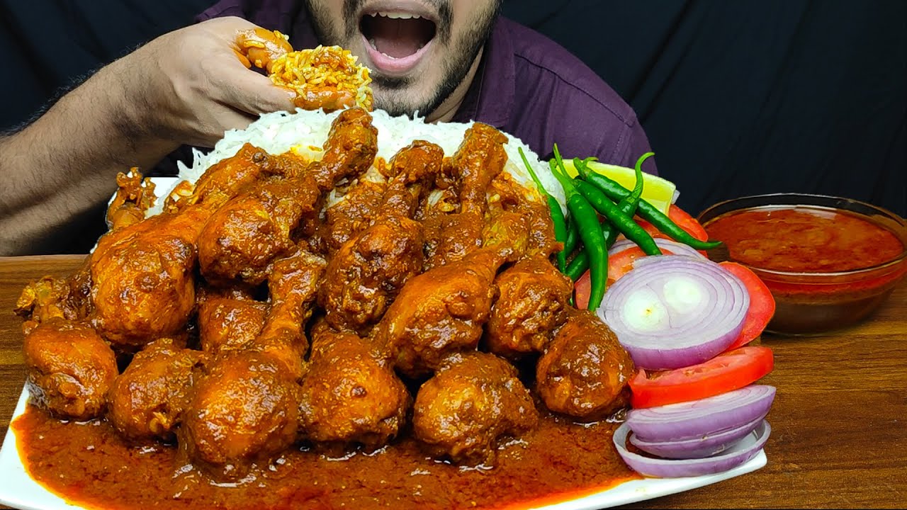 EATING MASALA CHICKEN LEG CURRY, CHILI, ONION, TOMATO WITH RICE | FOOD ...