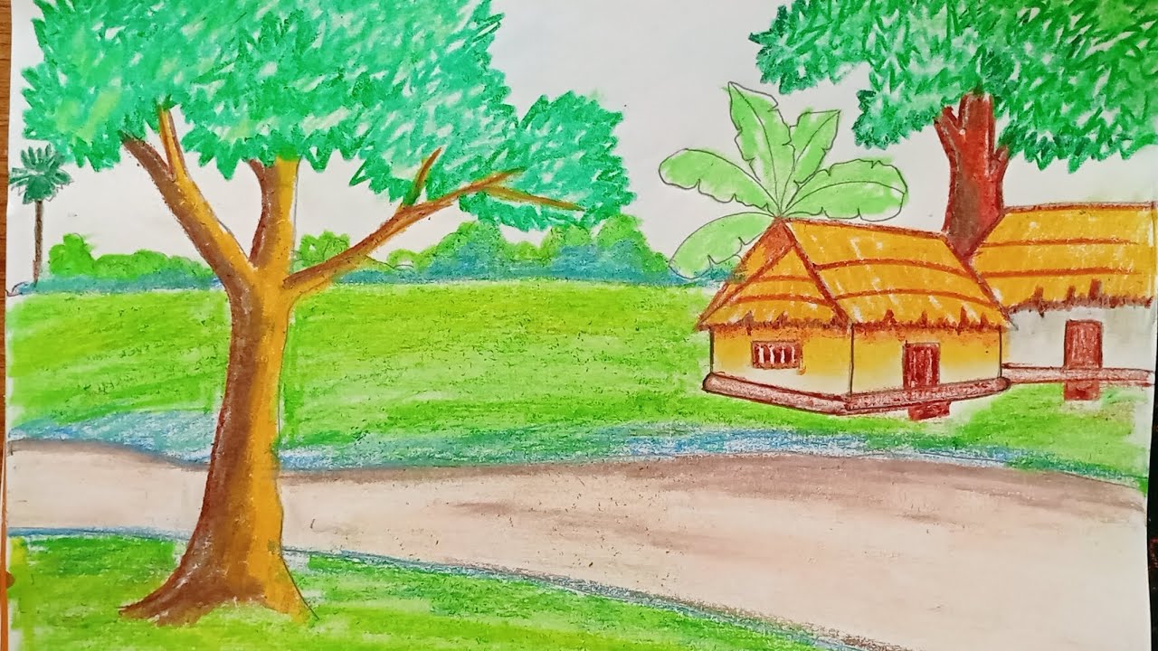 easy village road scenery drawing for beginners - YouTube