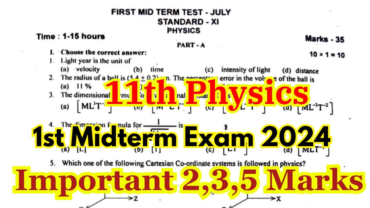 11th Physics Midterm Question Paper 2024 | 11th Physics 1st mid term ...