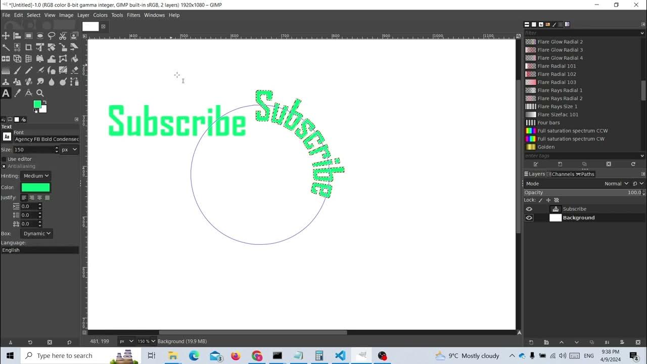 GIMP text with arc, text along path - YouTube