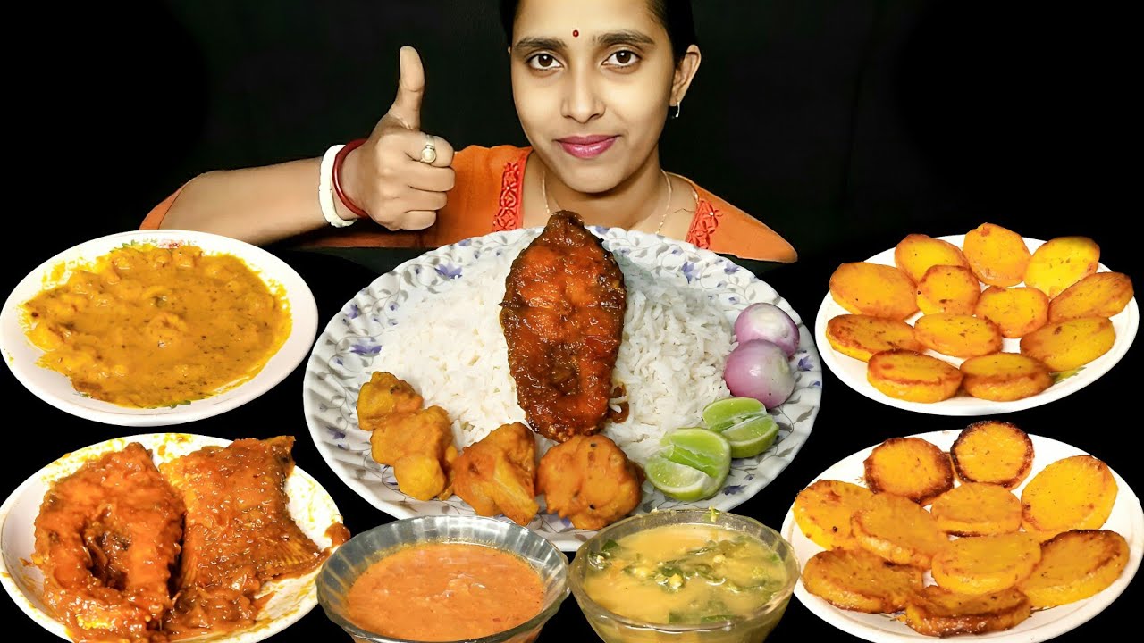 Eating🔥Fish Kalia With Rice, Sorse Chingri, Aloo Bhaja, Mulo Bhaja ...