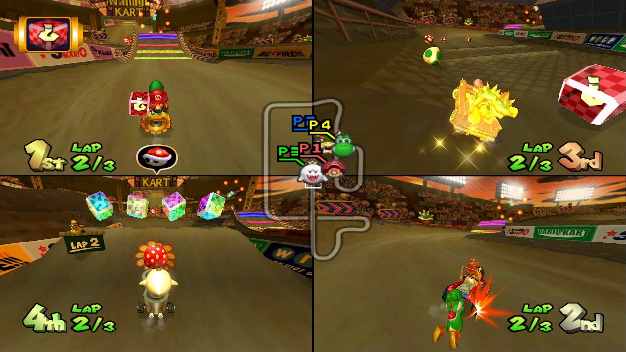 Mario Kart Double Dash!!: Waluigi Stadium 4 player Netplay race 2 60fps ...