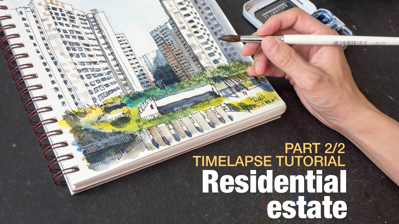 Drawing buildings with many windows and perspective (timelapse tutorial ...