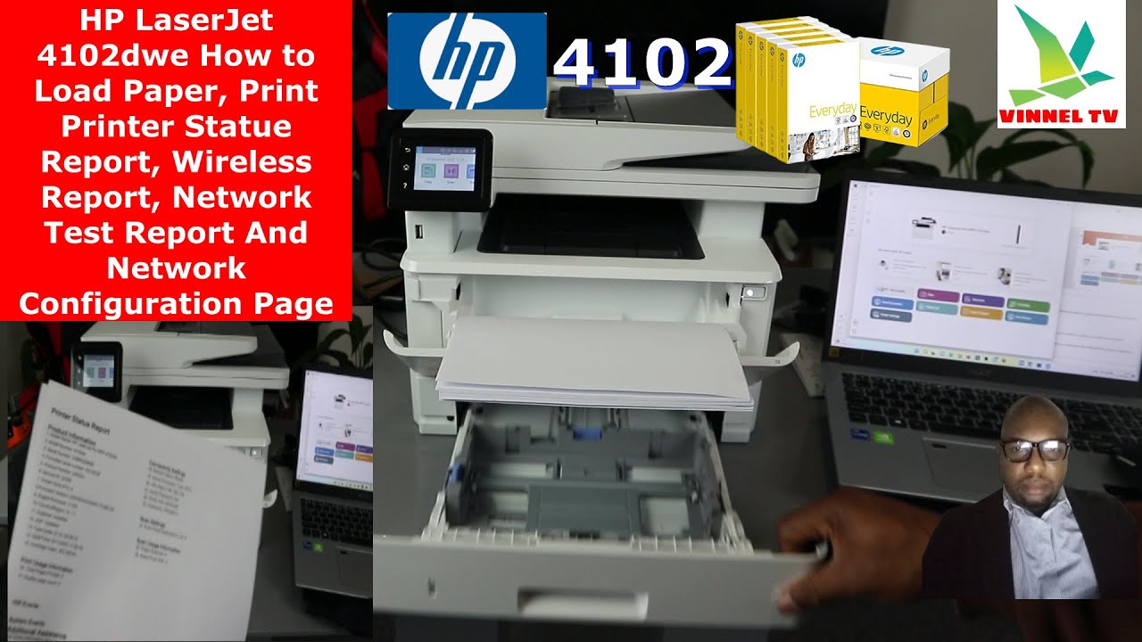 HP LaserJet 4102dwe How to Load Paper, Print Printer Report, Wireless ...