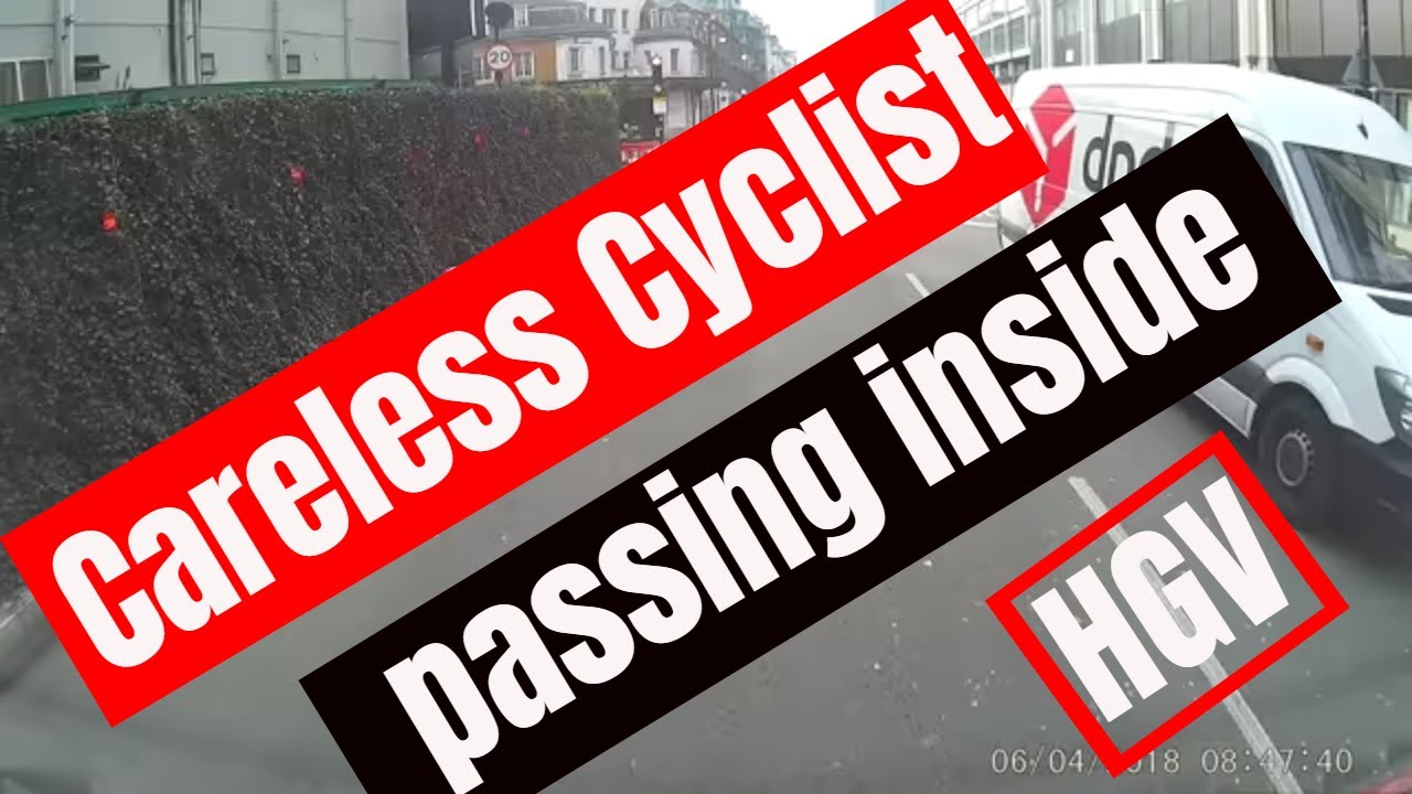 Cyclist passing HGV inside despite left signal and Cycle Left Turn ...