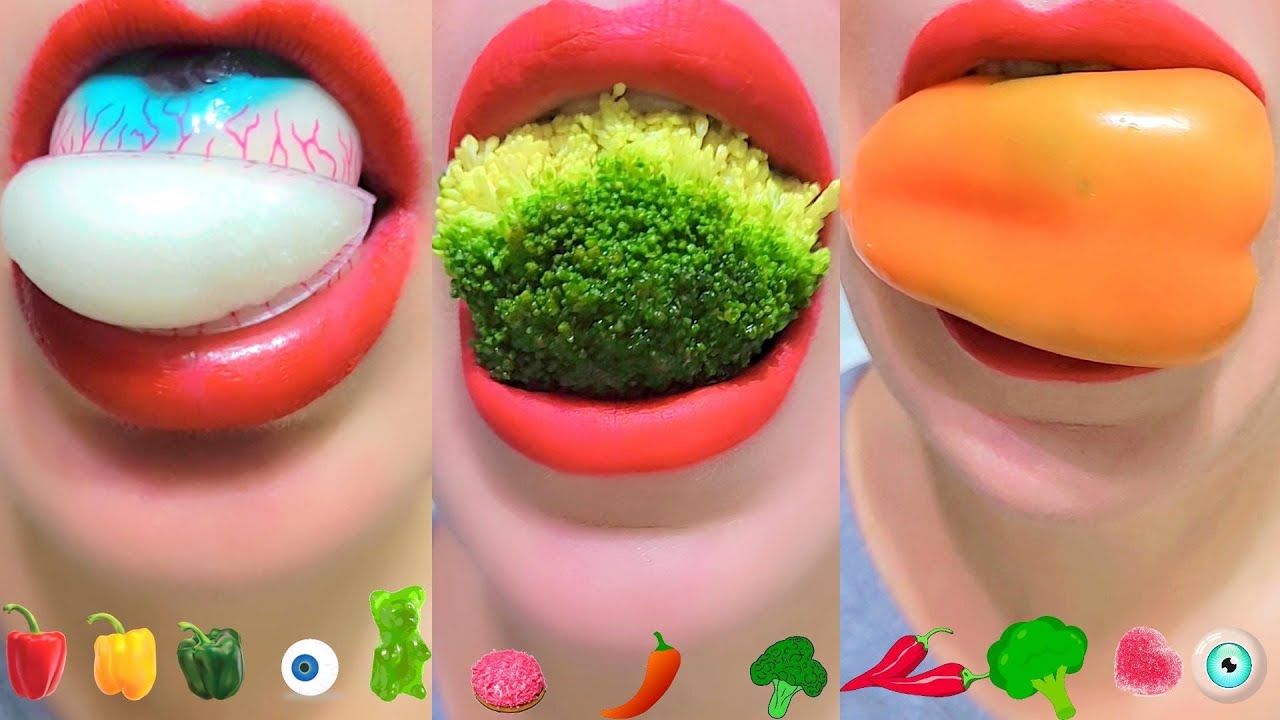 asmr CRUNCHY ICE BROCCOLI PEPPER EYEBALL JELLY SOUR CANDY Fruit ...