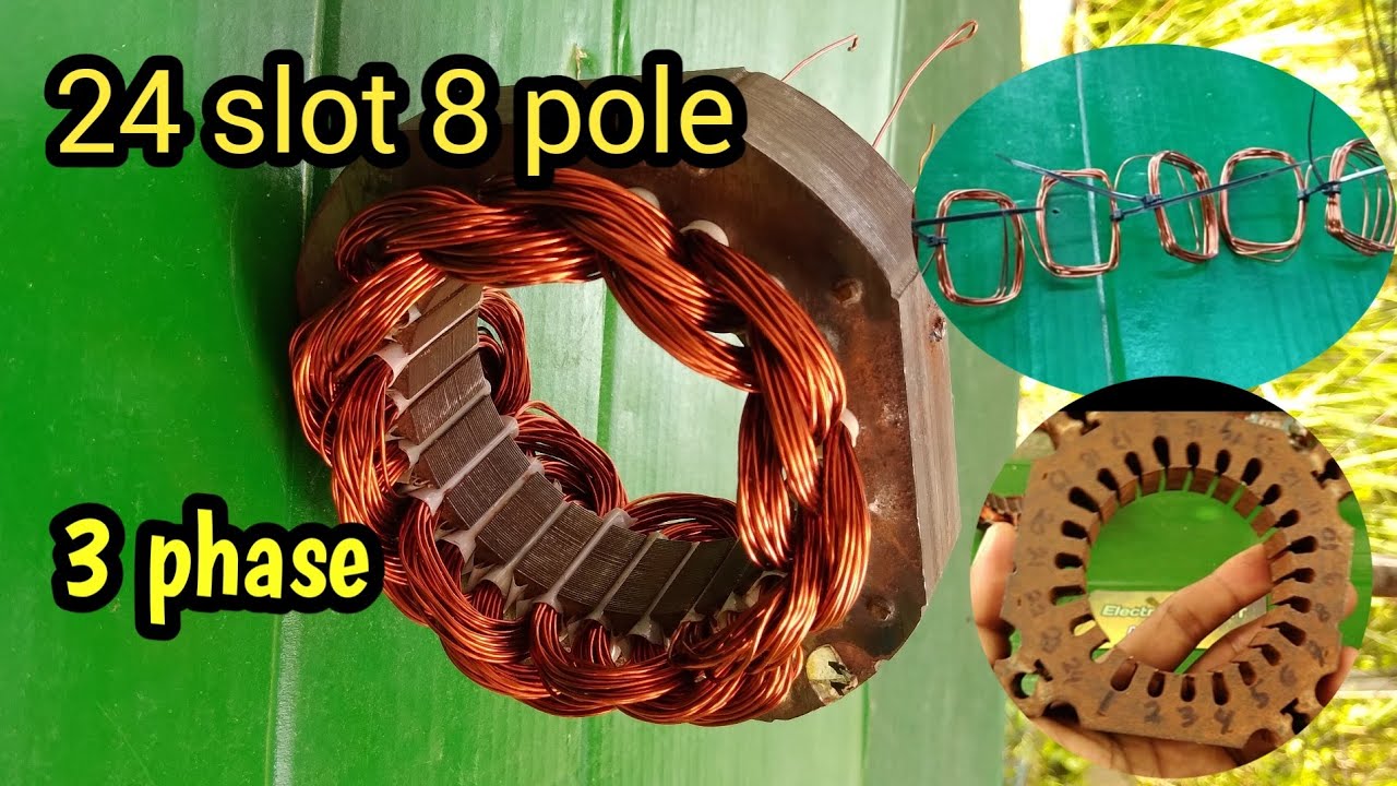 Cara menggulung atau rewinding generator 24 slot 8 pole 3 phase - YouTube