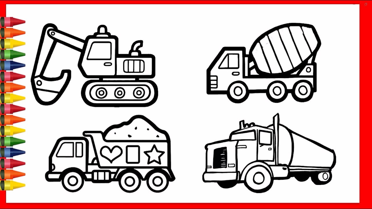 How to Draw JCB, Crane and Truck For Kids | Coloring for Toodlers ...