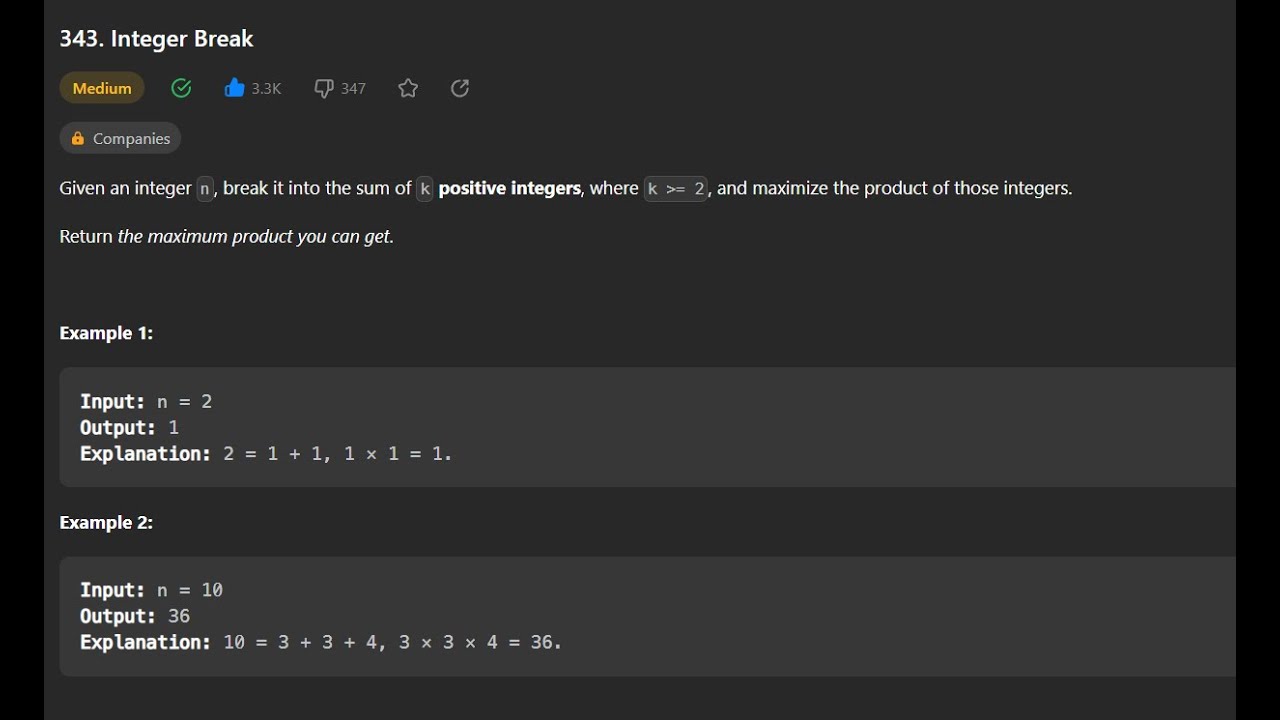 Leetcode 343 Integer Break Solution Youtube