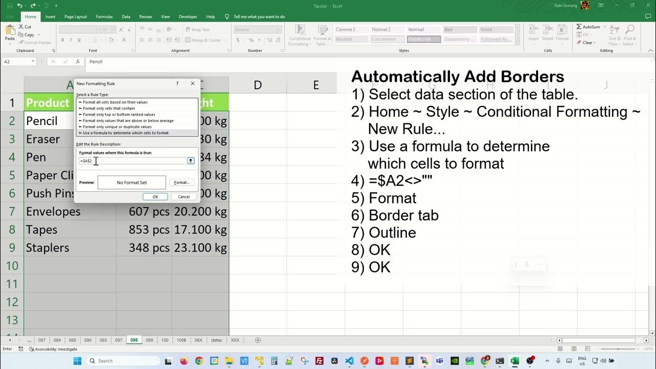 How to Make Borders Automatically Appear as Data is Added - Excel Tips and Tricks - YouTube