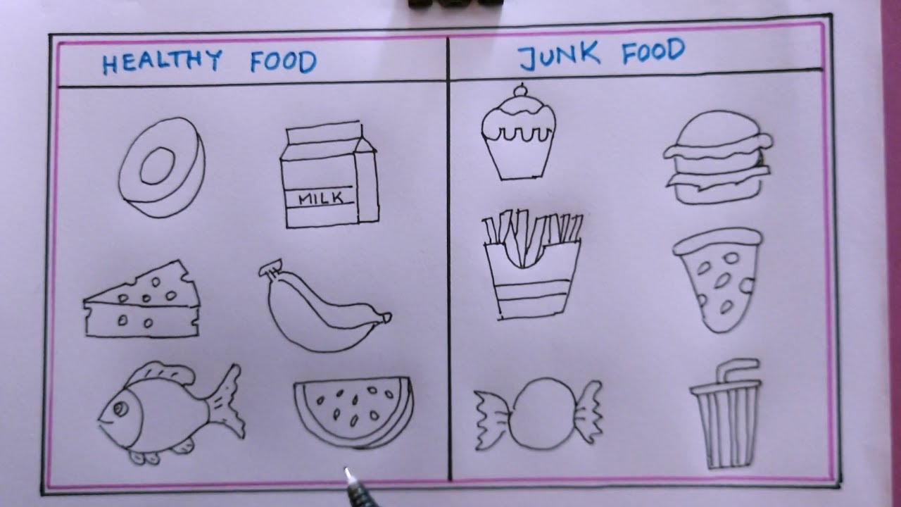 how to draw healthy food and junk food easy/draw healthy food - YouTube
