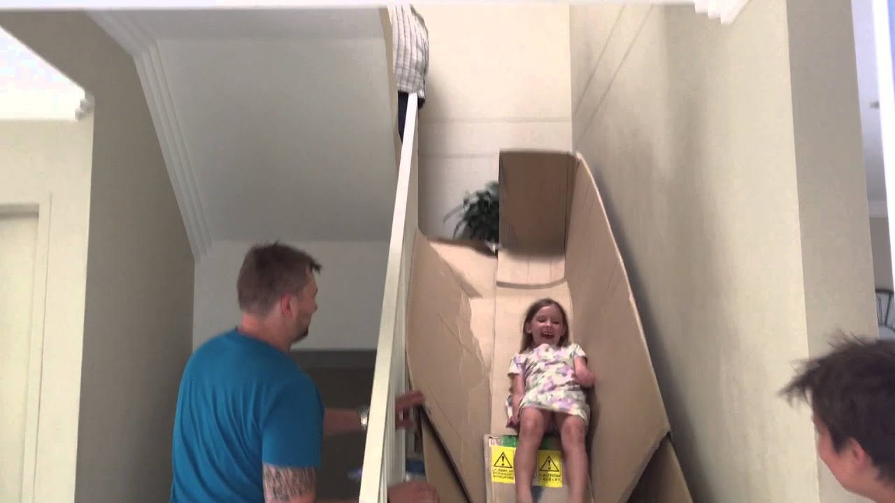 fun with kids sliding on the stairs - home made slide - YouTube