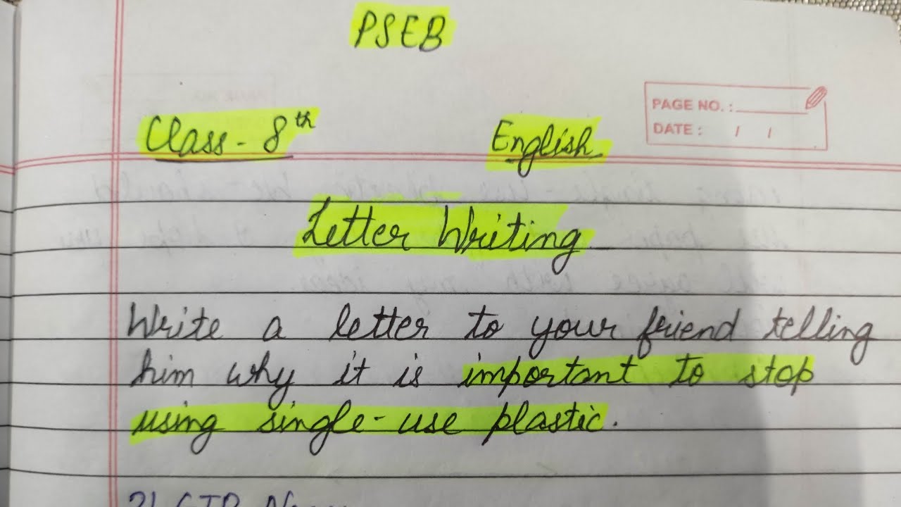 PSEB Class 8th English Letter Writing (Single-Use Plastic) for Board ...