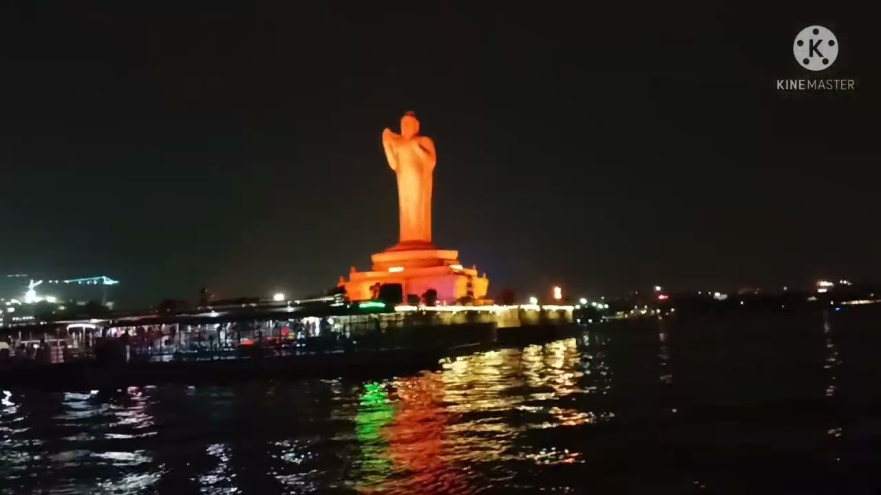 Night view of Buddha statue with lights,Hussain Sagar,Tank Bund ...