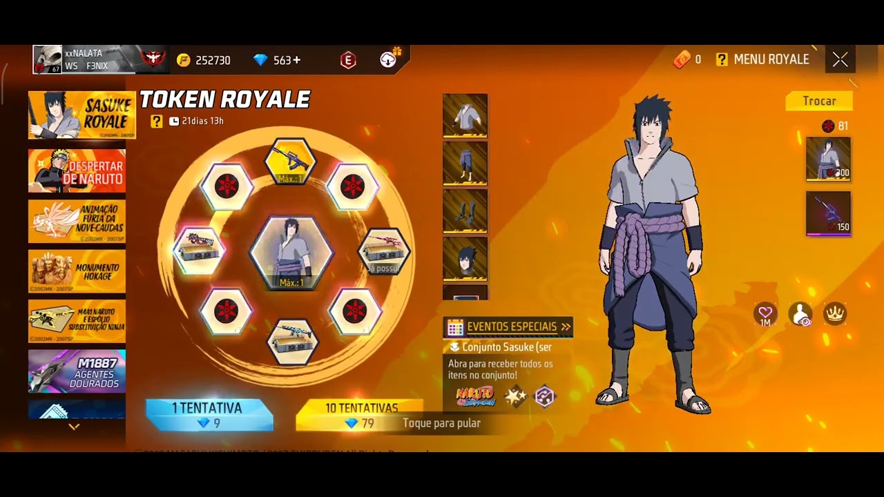 BUG SKIN DO SASUKE , TENTANDO PEGAR A SKIN SASUKE COM 1000 DIAMANTES ...