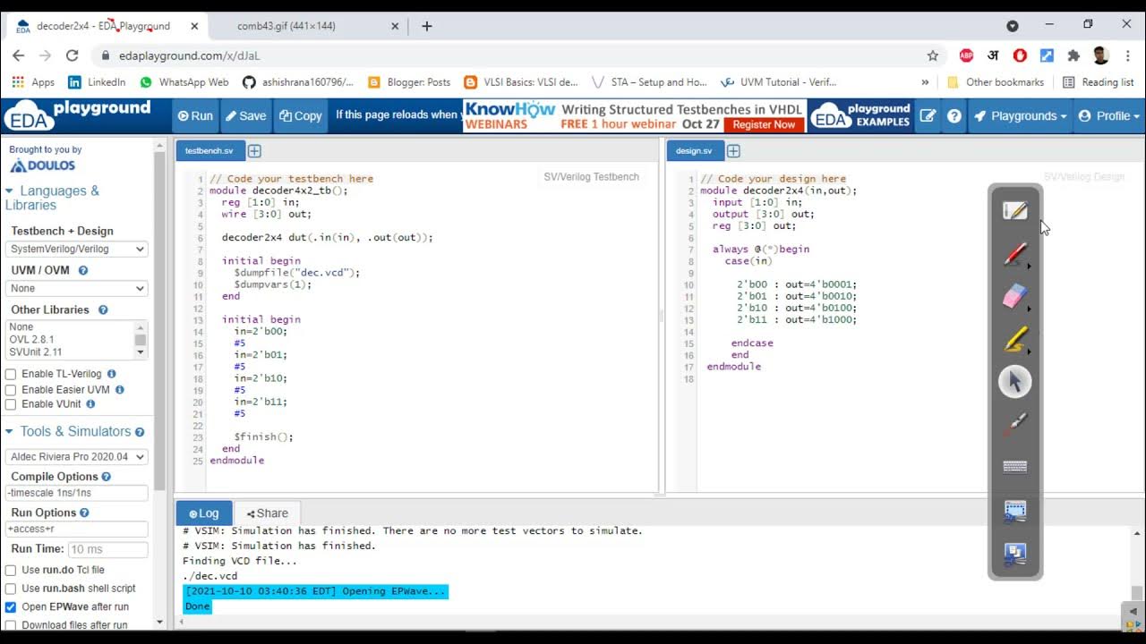2 Is 4 Decoder Verilog Code With Test Bench Youtube
