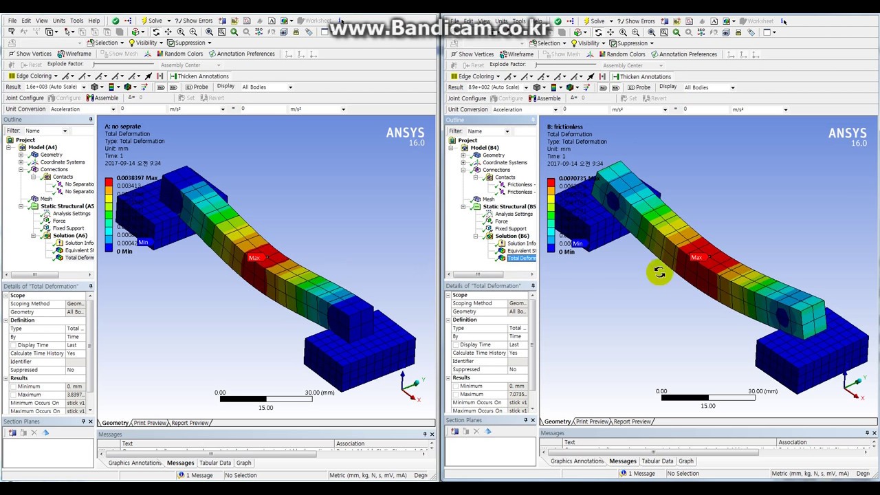 Simple beam analysis with different contact condition and point load in ...