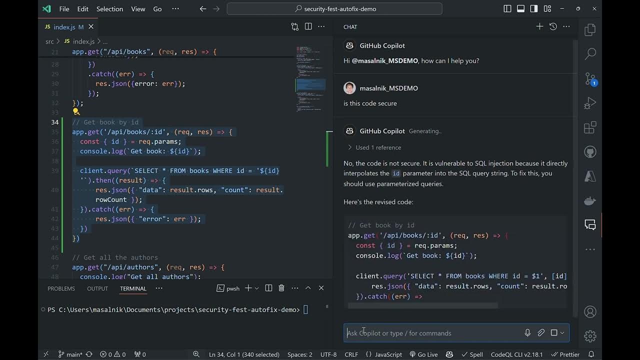 Demo; Asking GitHub Copilot Chat to check for vulnerabilities in the ...