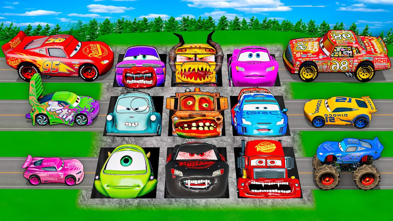 Mega Pits with McQueen and Pixar Cars vs Big & Small Lightning McQueen ...