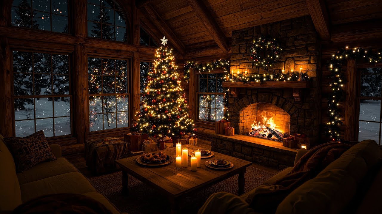 Soothing Christmas 🎄 Ambience CozyCabin Night with Fireplace Crackling ...