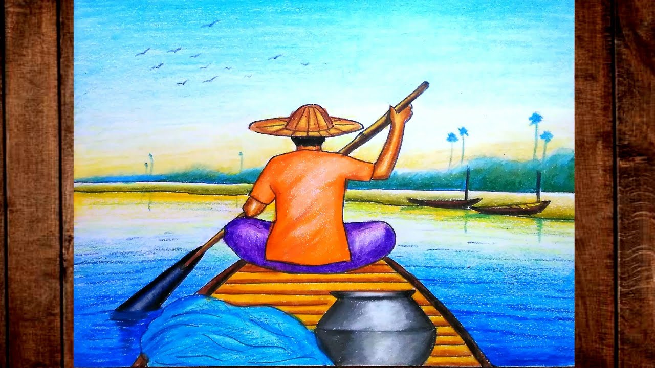 Boatman drawing easy step by step/Boatman scenery drawing easy - YouTube