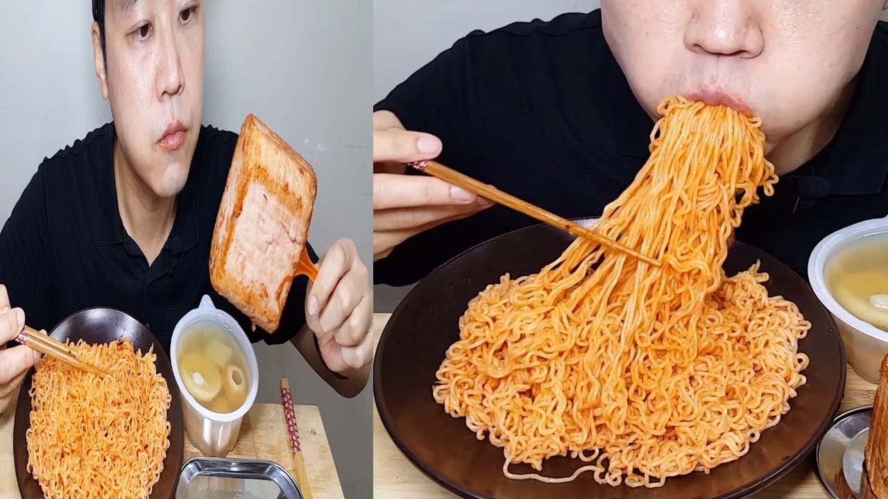 팔도비빔면 3봉지 통스팸 먹방 (브금주의) ASMR SPICY NOODLES + SPAM (WHOLE HAM ) MUKBANG ...