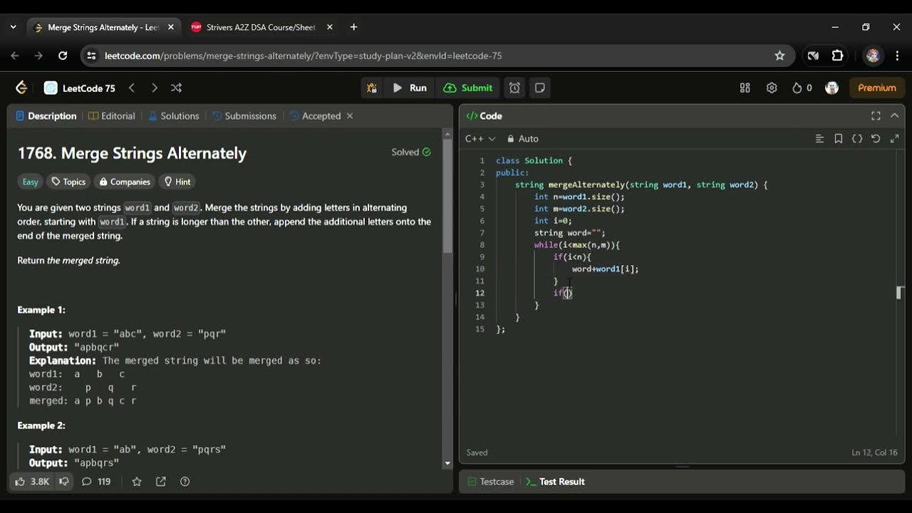 Merge Strings Alternately Leetcode 1768 C Solution Explained Youtube