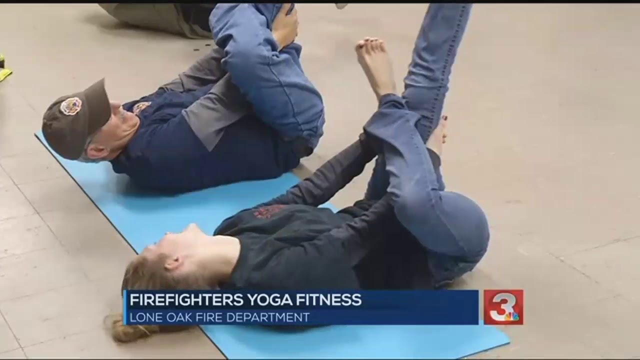 Local firefighters participate in yoga fitness class - YouTube