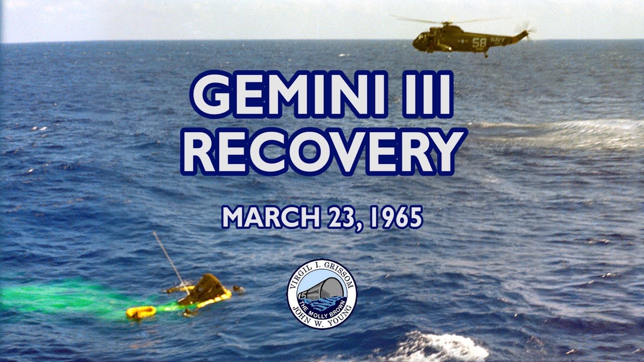 GEMINI 3 Recovery - Splashdown, Gus Grissom, John Young, USS Intrepid ...