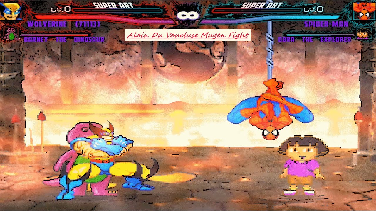 Mugen : Wolverine & Barney Dinosaur Vs Spiderman & Dora (Request) - YouTube
