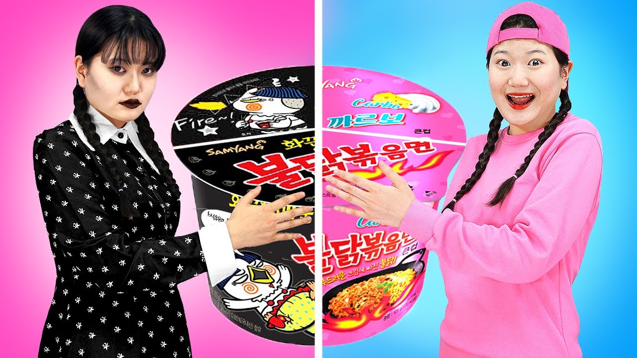 PINK VS BLACK Food Challenge - Wednesday VS Comy Eating Only 1 Color ...