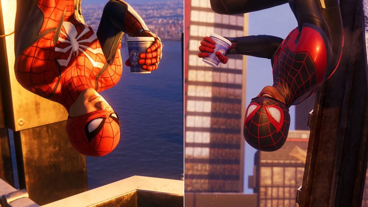 Peter Parker VS Miles Morales Drinking Coffee Upside Down - Spider Man ...