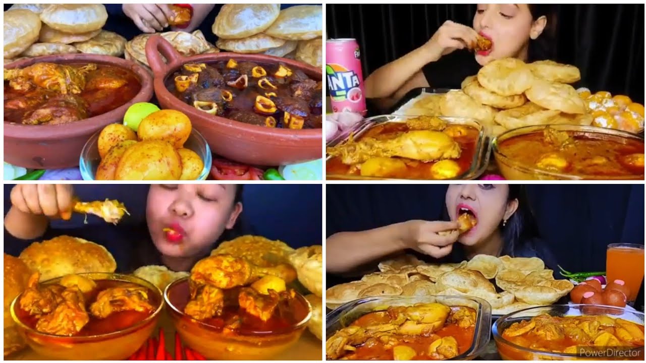 ASMR Eating Very Oily & Spicy Food || Poori With Spicy Mutton Curry ...