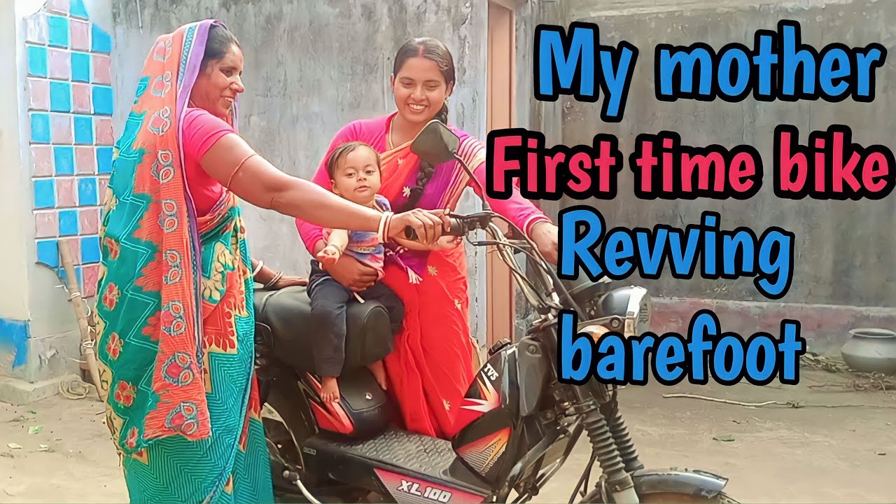My mother first time bike revving barefoot ||hard revving bike barefoot ...