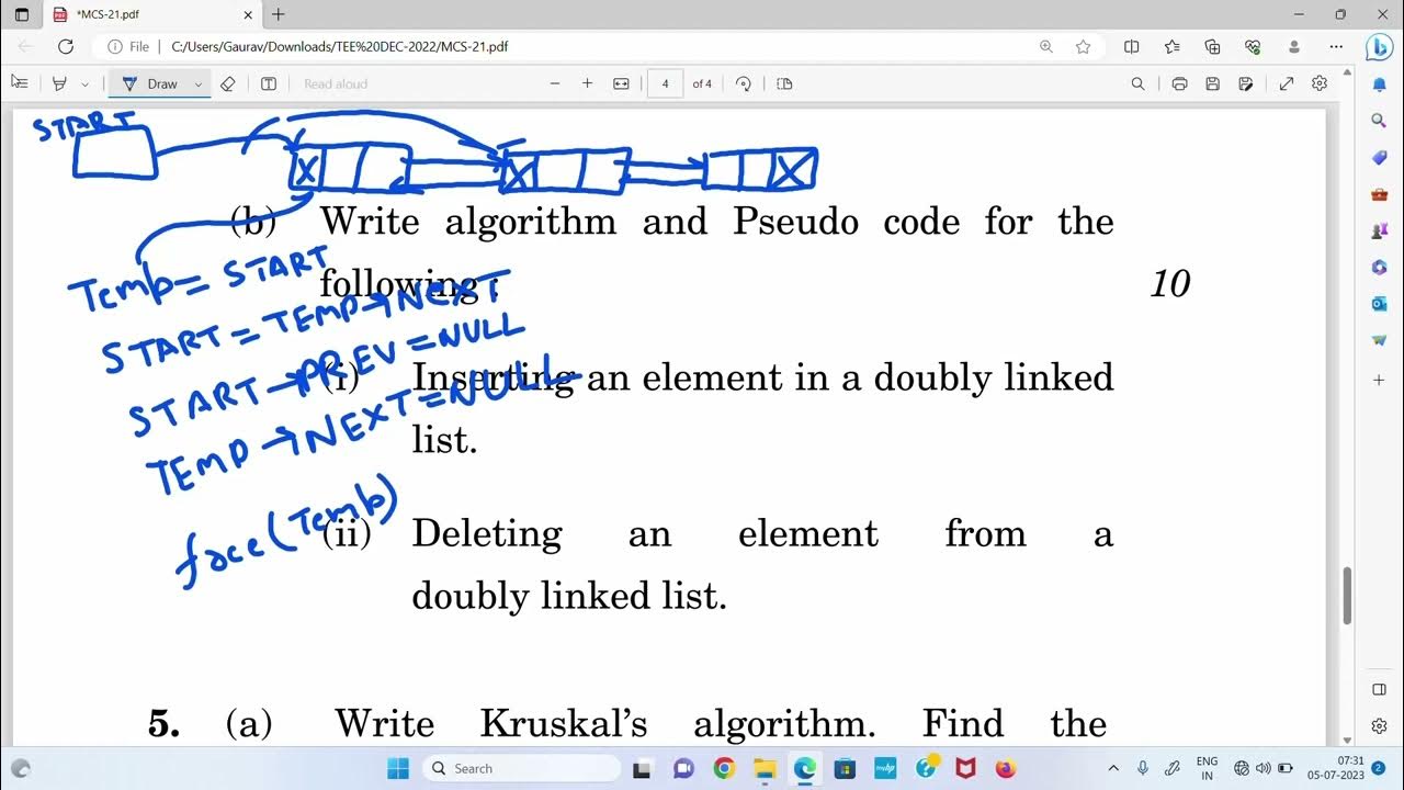 MCS-021 Q4b Write algorithm and Pseudo code for (ii) Deleting an element from a doubly linked ...