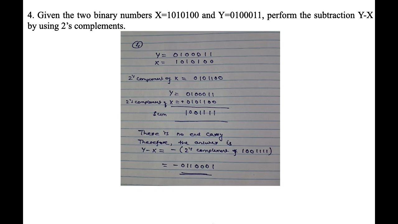 Given the two binary numbers X=1010100 and Y=0100011, perform Y-X by using 2’s complements ...