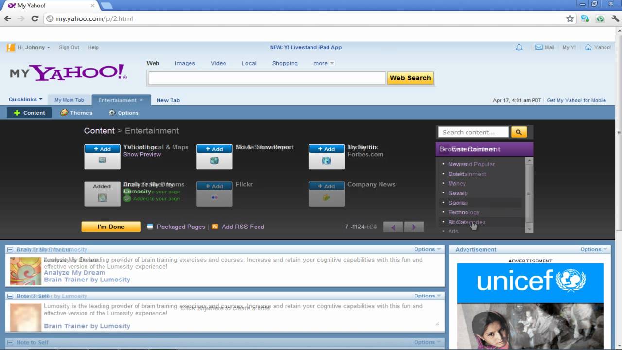 How to add and browse for Content in My Yahoo - YouTube