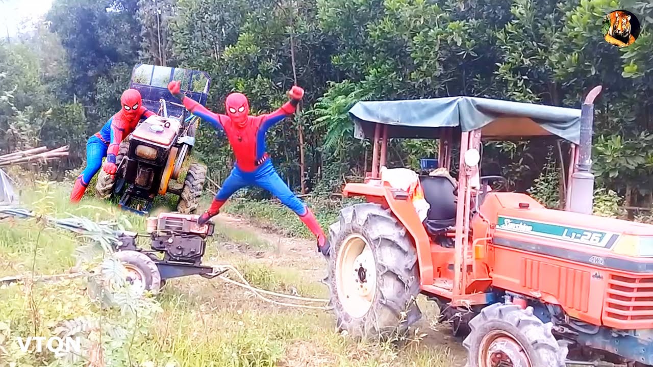 SUPER HERO | Spider-Man driving a kubota tractor against a mini-plow ...