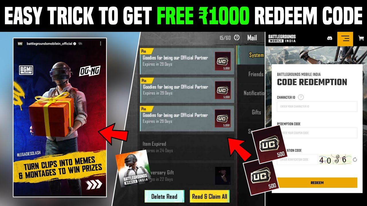 Easy Trick To Get Free ₹1000 Redeem Code In Bgmi | Bgmi Free Uc New ...