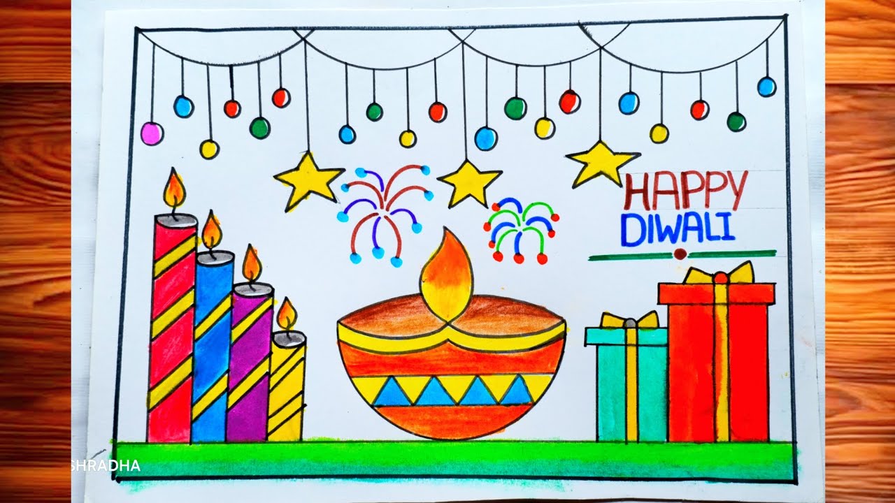Diwali drawing/Diwali scenery drawing/Diwali chart paper decoration ...