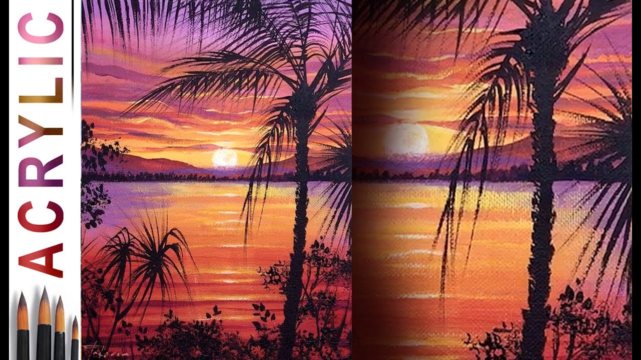 Tropical sunset. How to paint landscape 🎨ACRYLIC tutorial DEMO - YouTube